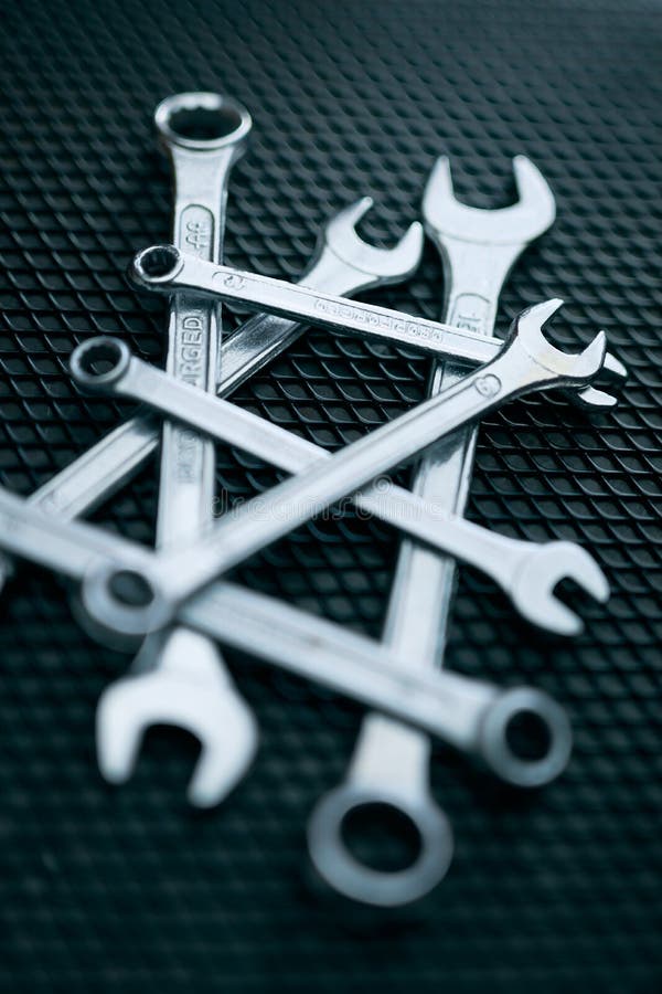 Set of Chrome Wrenches on Steel Surface. Mechanic Tools for Maintenance ...