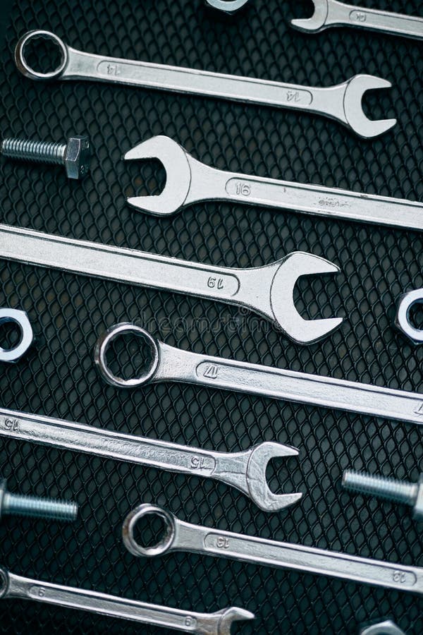 Set of Chrome Wrenches on Steel Surface. Mechanic Tools for Maintenance ...