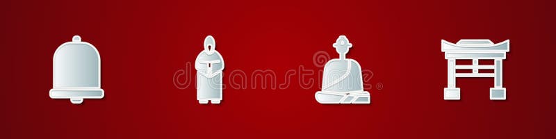 Set Church Bell, Monk, Buddhist Monk and Japan Gate Icon. Vector Stock ...