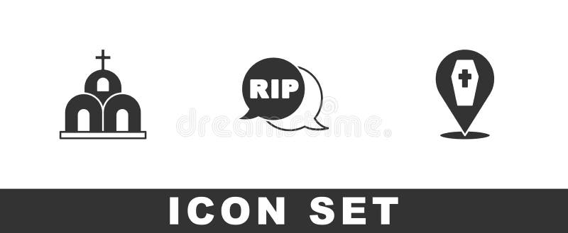 Set Church Building, Speech Bubble Rip Death and Coffin with Cross Icon ...