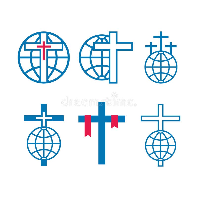 Set of Church Logo. Crosses with Globes, Missions, Icon. Stock Vector ...