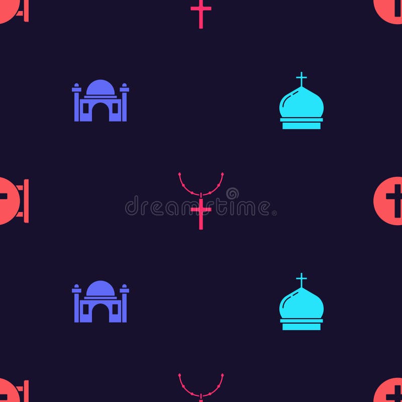 Set Church Tower, Muslim Mosque, Christian Cross on Chain and on ...