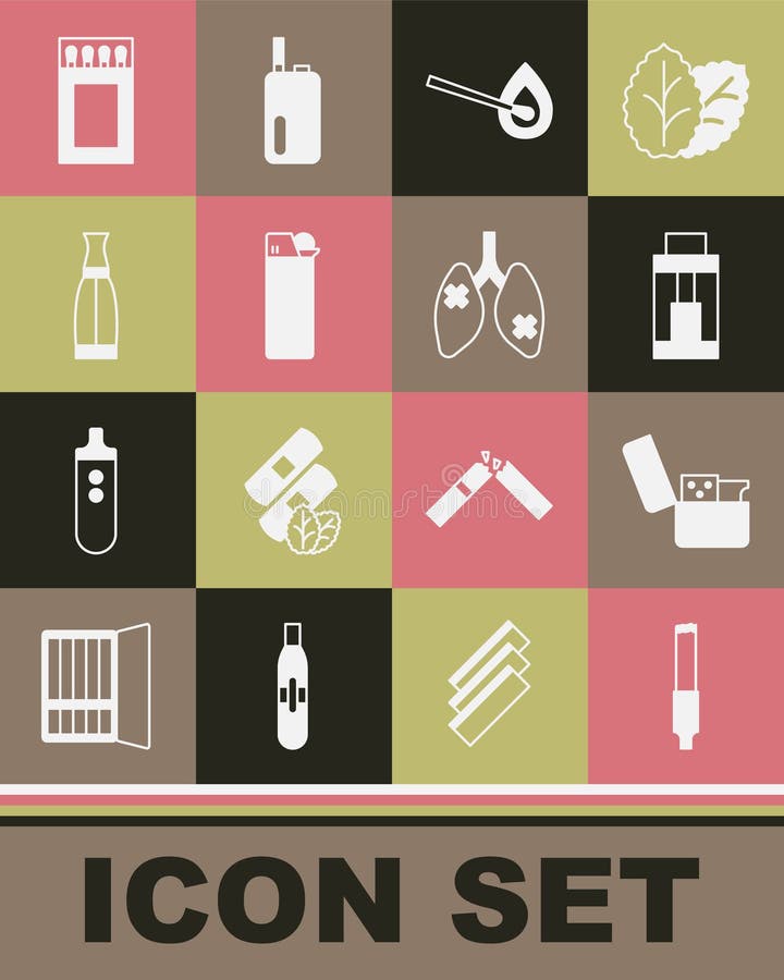 Set Cigarette, Lighter, Vape Mod Device, Burning Match with Fire ...