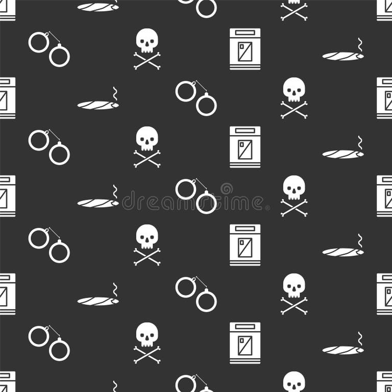 Set Cigarettes Pack Box, Cigar with Smoke, Handcuffs and Skull on ...