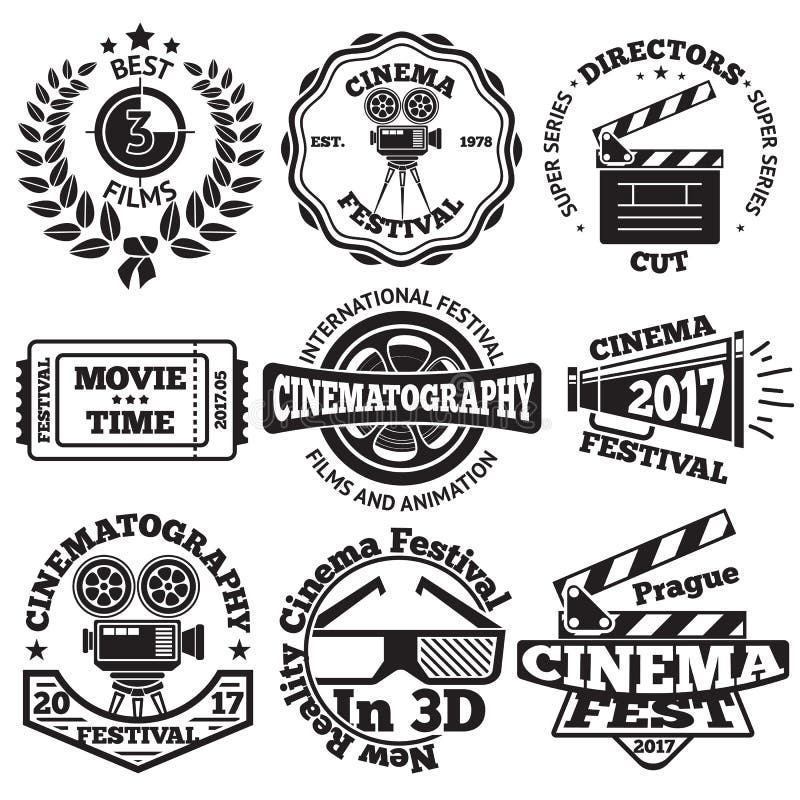 Set of Cinema Badges with Camera, Clapboard, Ticket Etc. Vector Stock ...