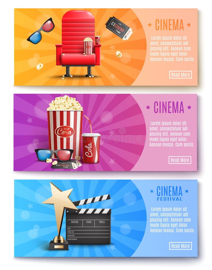 Set 3 Cinema Banners with 3d Realistic Elements.Vector Illustration ...