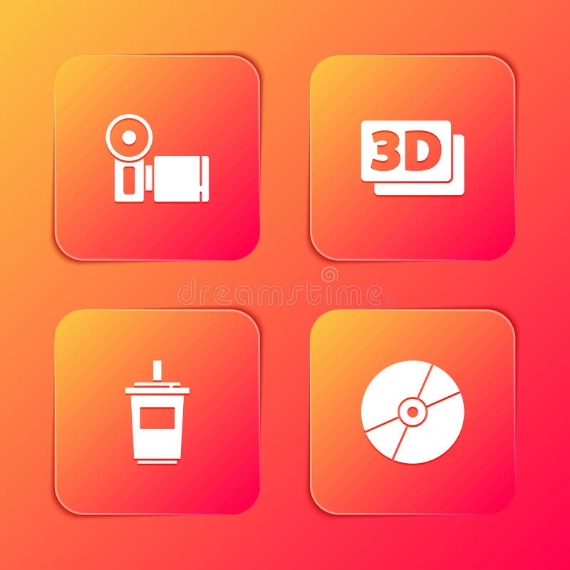 Set Cinema Camera, 3D Word, Paper Glass with Water and CD DVD Disk Icon ...