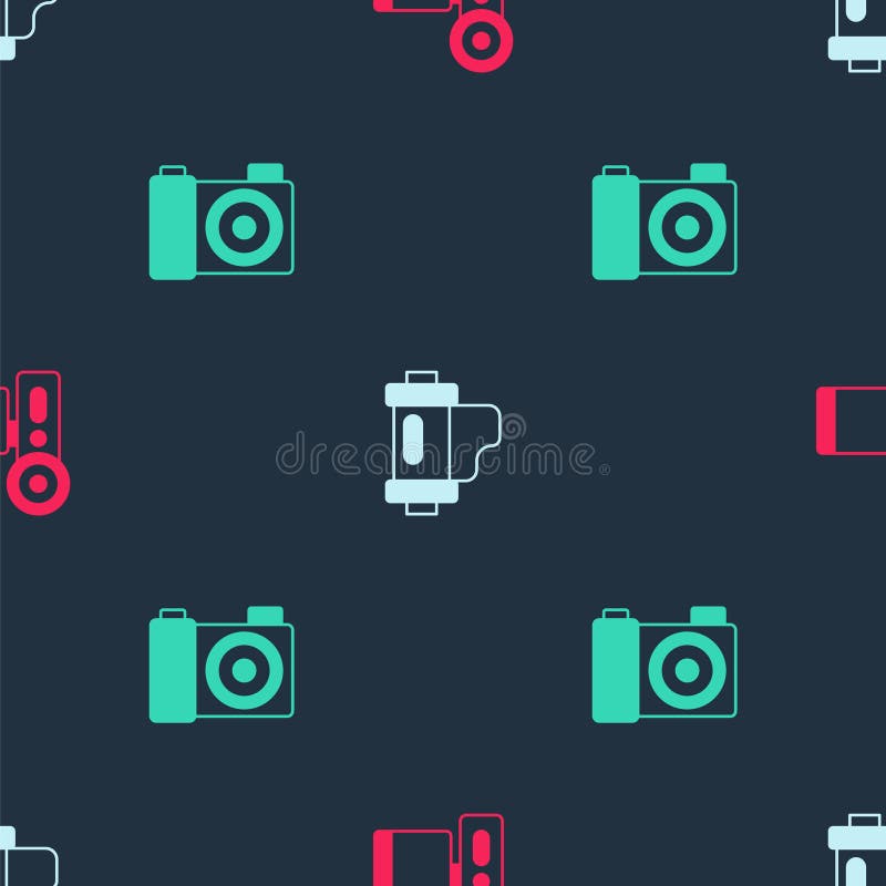 Set Cinema Camera, Camera Film Roll Cartridge and Photo on Seamless ...