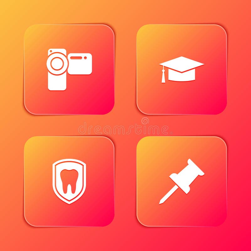 Set Cinema Camera, Graduation Cap, Dental Protection and Push Pin Icon ...