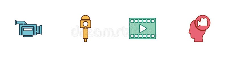 Set Cinema Camera, Microphone, Play Video and Head with Icon. Vector ...