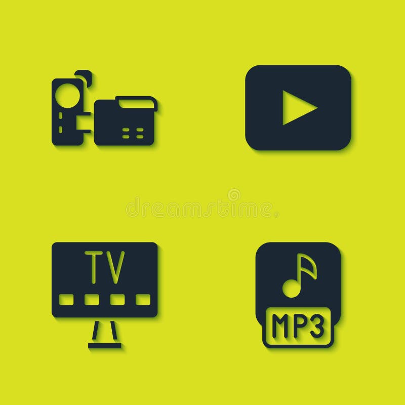 Set Cinema Camera, MP3 File, Smart Tv and Play Button Icon. Vector ...