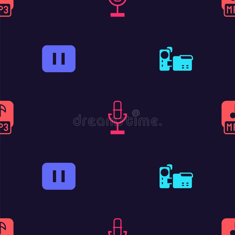 Set Cinema Camera, Pause Button, Microphone and MP3 File on Seamless Pattern. Vector Stock ...
