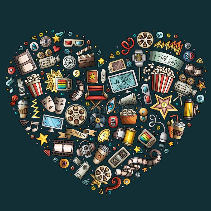 Set of Cinema Cartoon Doodle Objects Stock Vector - Illustration of ...