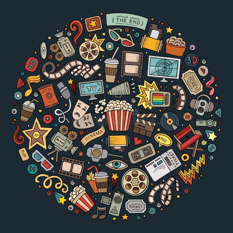 Set of Cinema Cartoon Doodle Objects Stock Vector - Illustration of ...