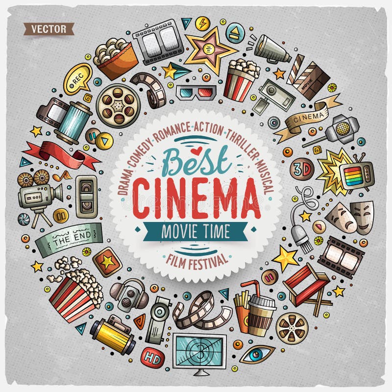 Set of Cinema Cartoon Doodle Objects Stock Vector - Illustration of ...