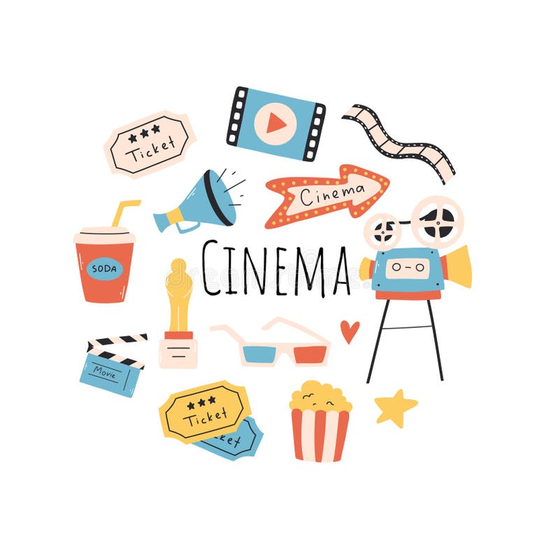 Set of Cinema Elements. Flat Style. Collection of Hand Drawn Cinema Elements. Stock Vector ...