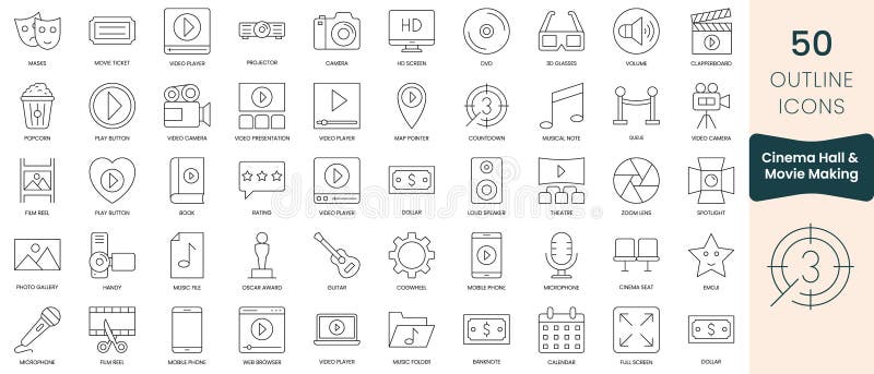 Set of Cinema Hall and Movie Making Icons. Thin Outline Icons Pack ...