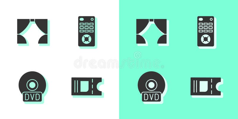 Set Cinema Ticket, Curtain, CD or DVD Disk and Remote Control Icon ...