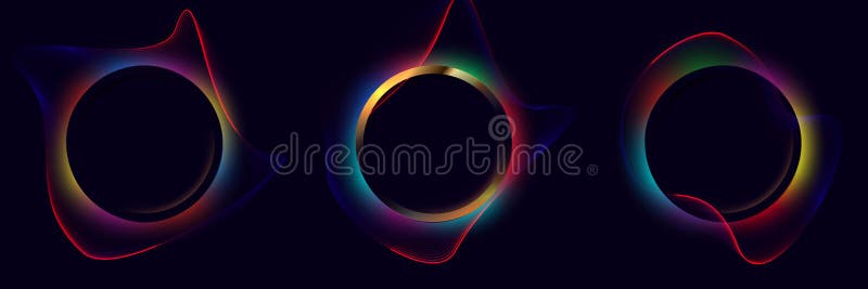 Set of Circle Frame with Neon Glowing Multicolor Wavy Dynamic Lines ...