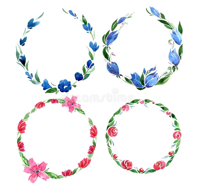 Set of Circle Frames with Pink and Blue Flowers and Green Leaves ...