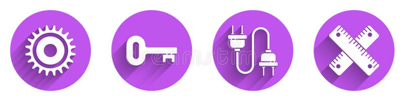 Set Circular Saw Blade, Old Key, Electric Plug and Crossed Ruler Icon ...