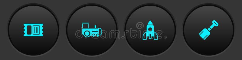 Set Circus Ticket, Toy Train, Rocket Ship Toy and Shovel Icon. Vector ...