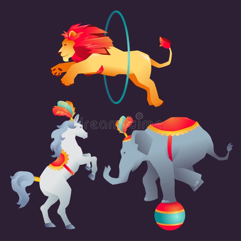 Set of Circus Trained Wild Animals Performance Isolated on White Stock ...