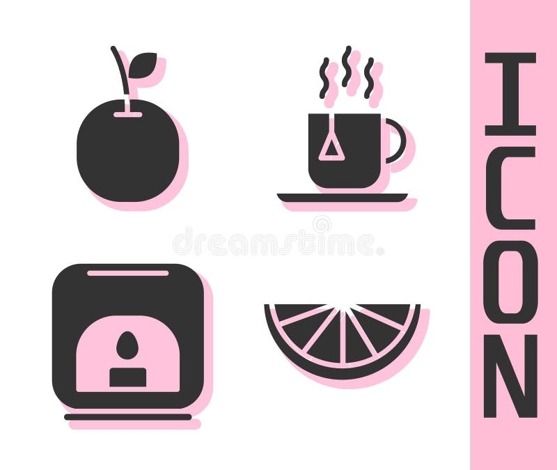Set Citrus Fruit, Apple, Aroma Lamp and Cup of Tea with Tea Bag Icon ...