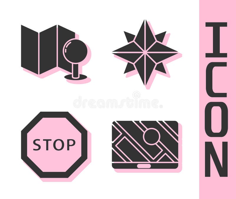 Set City Map Navigation, Folded Map with Push Pin, Stop Sign and Wind ...