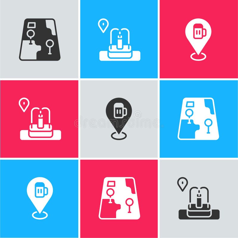 Set City Map Navigation, Location with Fountain and Alcohol or Beer Bar ...