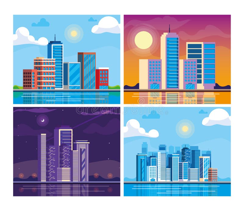 Set of Cityscape Buildings Scene Stock Illustration - Illustration of ...