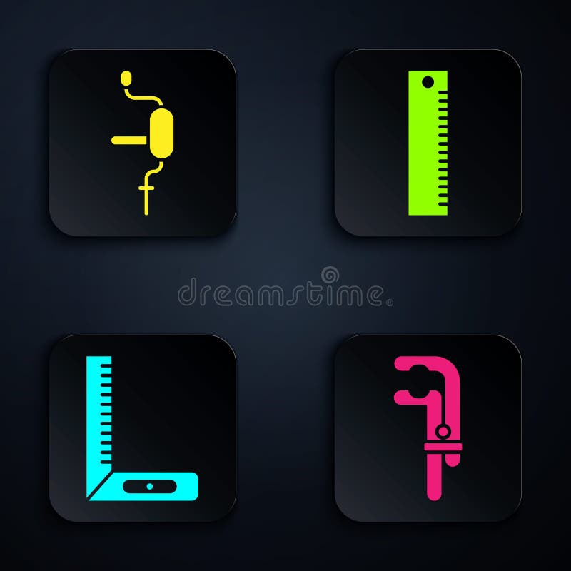 Set Clamp Tool, Hand Drill, Corner Ruler and Ruler. Black Square Button ...