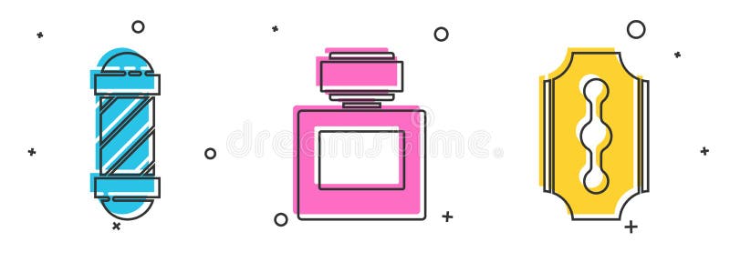 Set Classic Barber Shop Pole, Aftershave and Blade Razor Icon. Vector ...