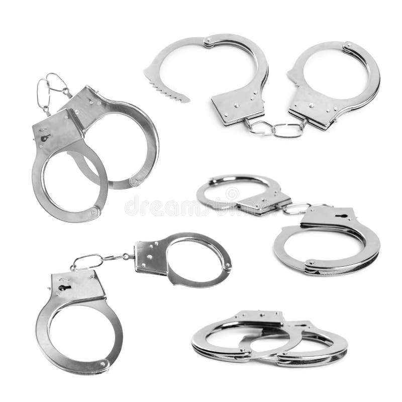 Set with Classic Chain Handcuffs on White Background Stock Image ...