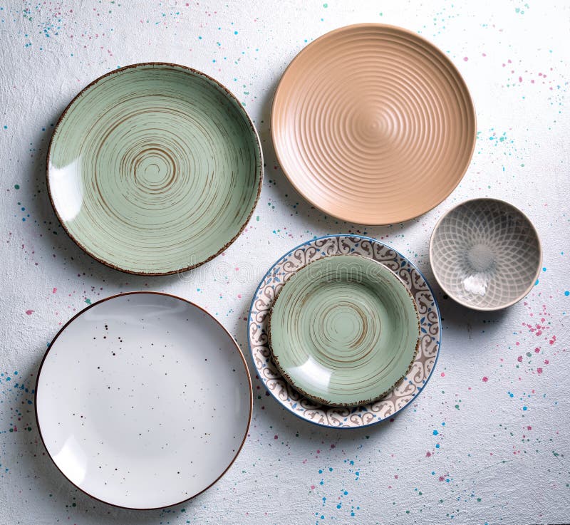 Set of Clean Color Plates on Table Stock Photo - Image of shine, flat ...