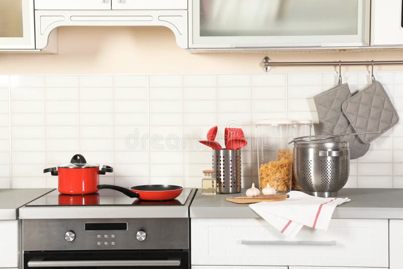 Set of Clean Cookware, Utensils and Products on Table Stock Image ...