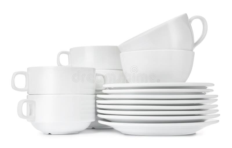 Set of Clean Dishware Isolated on White Stock Image - Image of ...