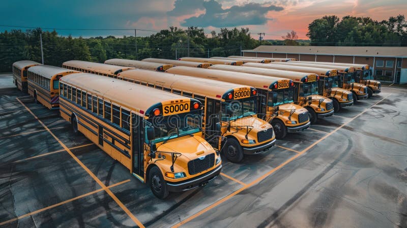 A Set of Clean and Empty School Buses Lined Up in the Parking Lot Stock ...