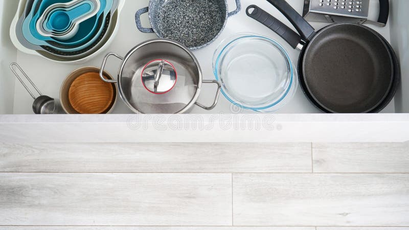 Set of Clean Kitchenware and Utensils in Drawers, Space for Text. Above ...
