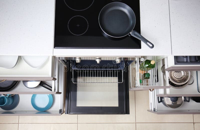 Set of Clean Kitchenware in Drawers Stock Photo - Image of organized ...