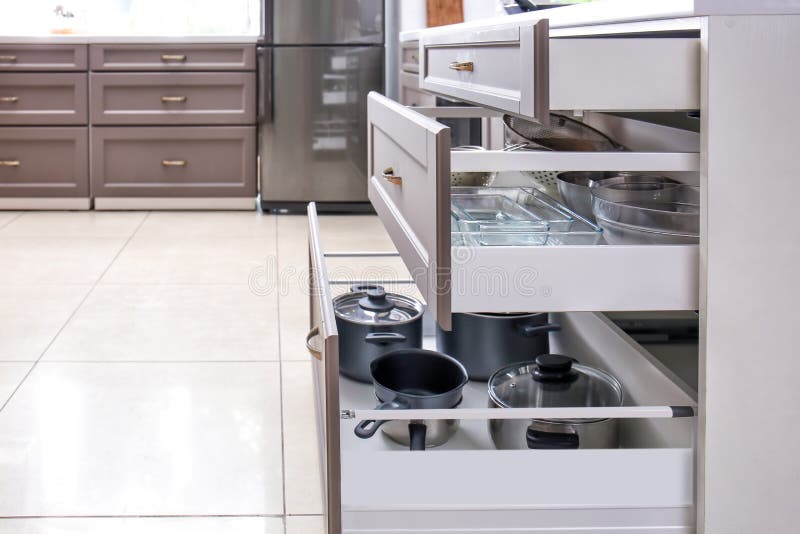 Set of Clean Kitchenware in Drawers Stock Photo - Image of dish ...