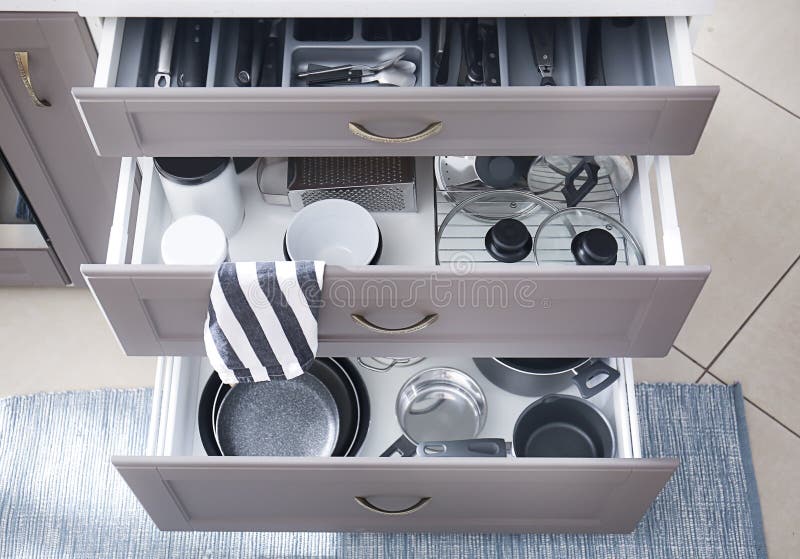 Set of Clean Kitchenware in Drawers Stock Image - Image of kitchen ...