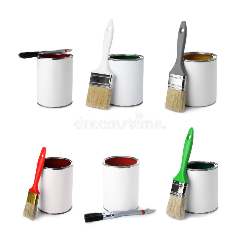 Set of Clean Paint Brushes and Cans on White Stock Photo - Image of ...
