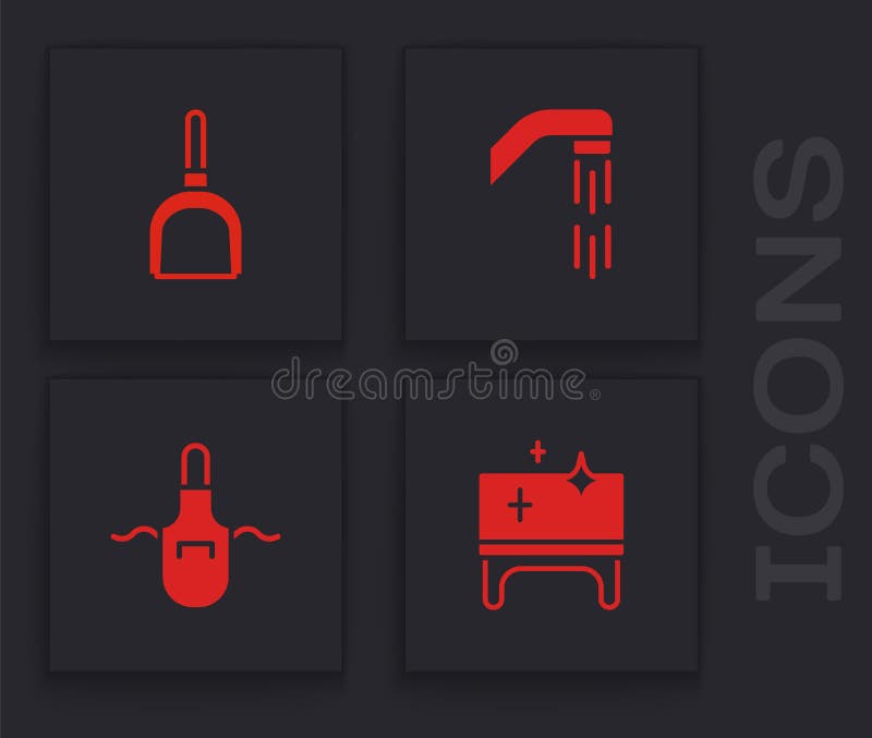 Set Clean Table, Dustpan, Shower Head and Kitchen Apron Icon. Vector ...