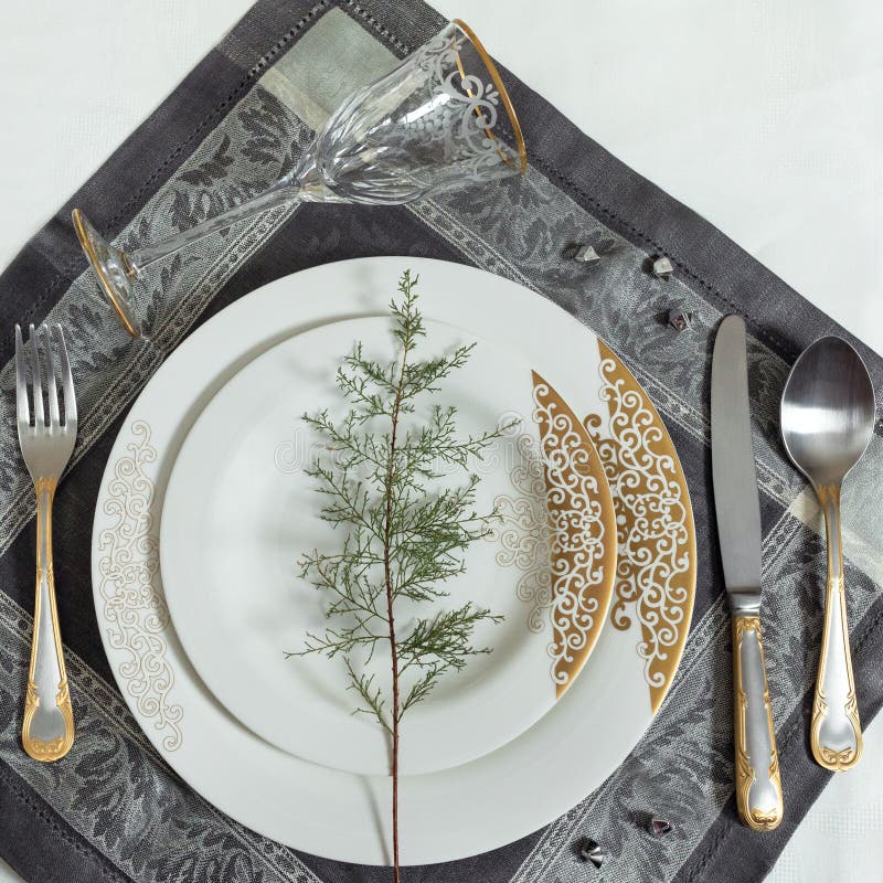 Set of Clean Tableware, Dishes, Plates, Utensils with Leaf Stock Image ...