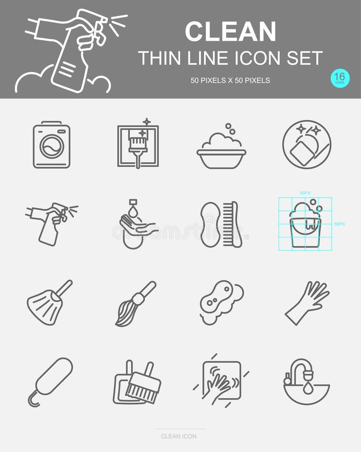 Set of Clean Vector Line Icons. Includes Duster, Broom, Sponge, Bucket ...