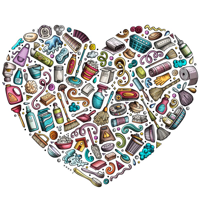 Set of Cleaning Cartoon Doodle Objects. Heart Form Composition Stock ...
