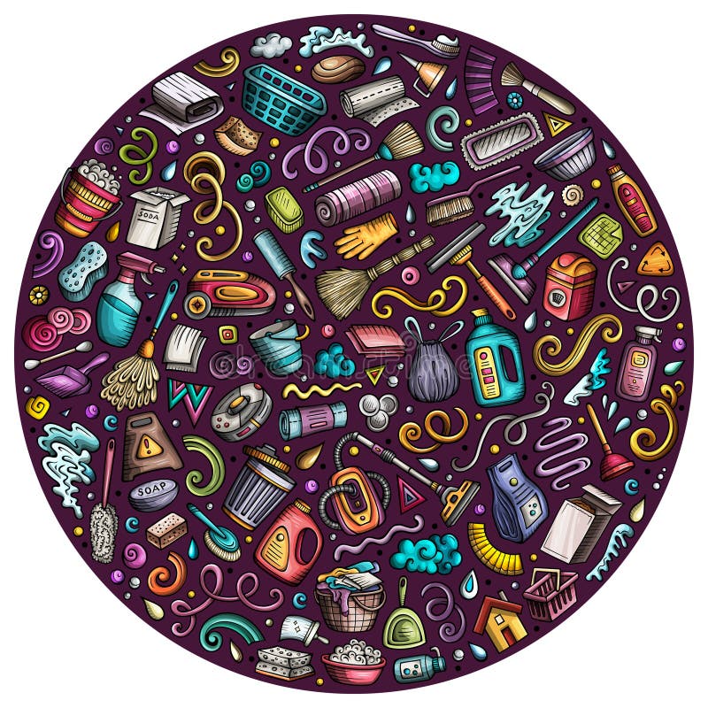 Set of Cleaning Cartoon Doodle Objects. Round Composition Stock ...