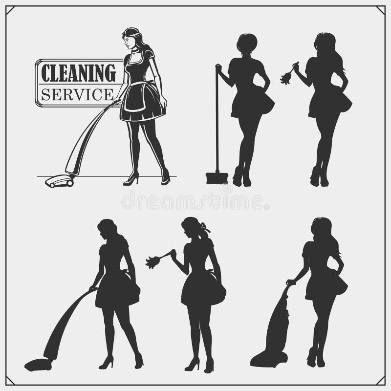 Set of Cleaning Service Emblems with Beautiful Young Maid. Clining ...