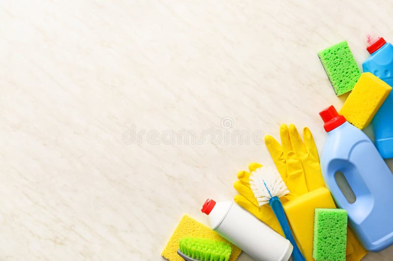 Set of Cleaning Supplies on Light Background Stock Photo - Image of ...